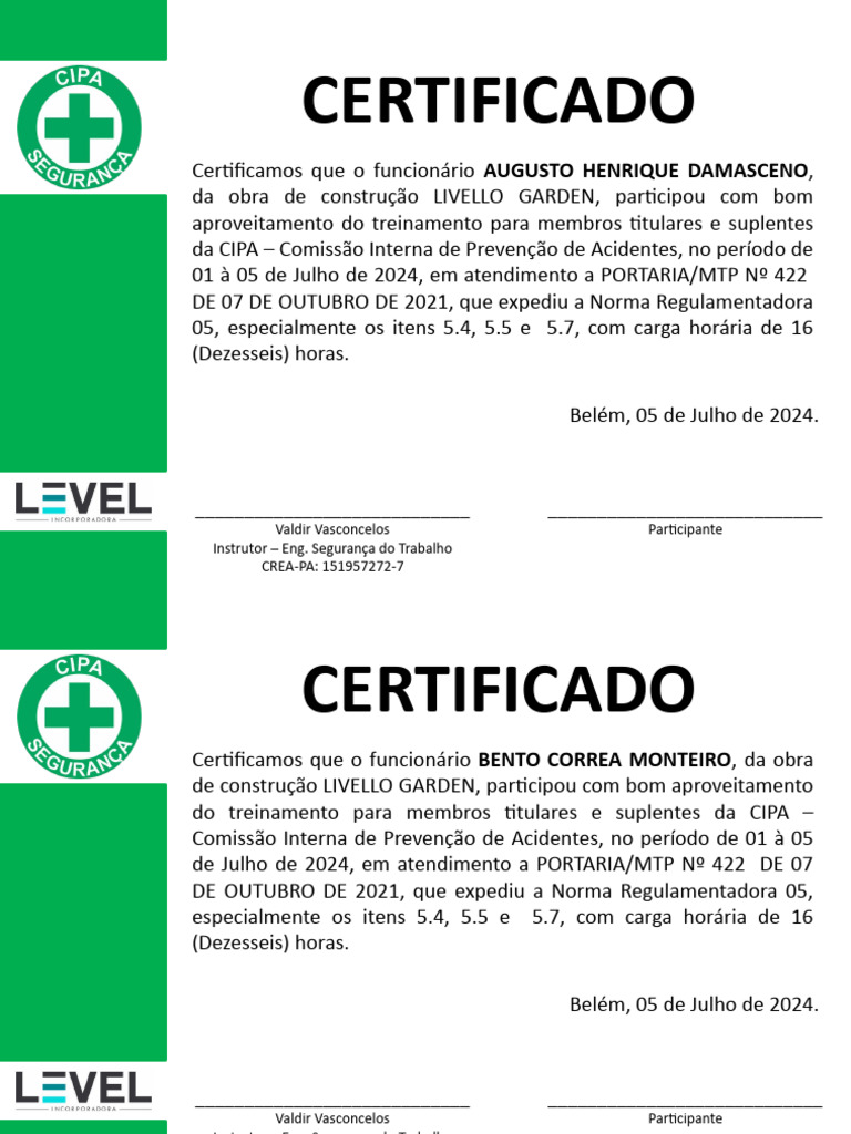 CERTIFICADO CIPA atual | PDF | Segurança e saúde ocupacional