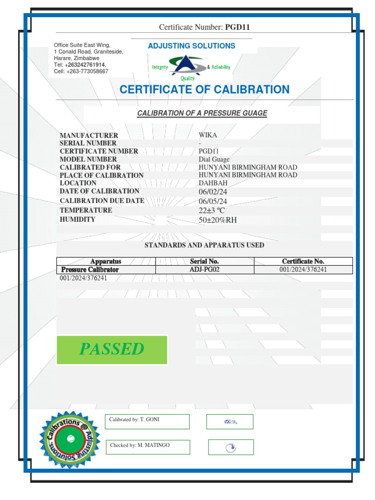 CERTIFICATE OF CALIBRATION FOR A Pressure Guage - DAHBAH PGD11 PASS ...