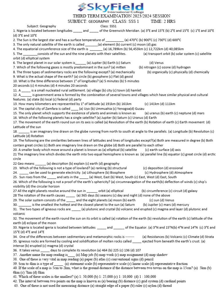Skyfield Geography Examination For SSS1 2024 | PDF | Planets | Earth