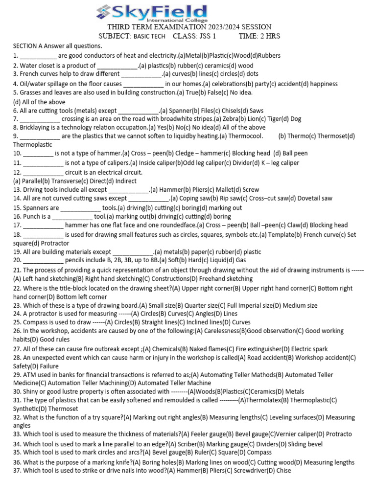 jss1 Basic Technology Third Term Exam | PDF | Tools | Materials