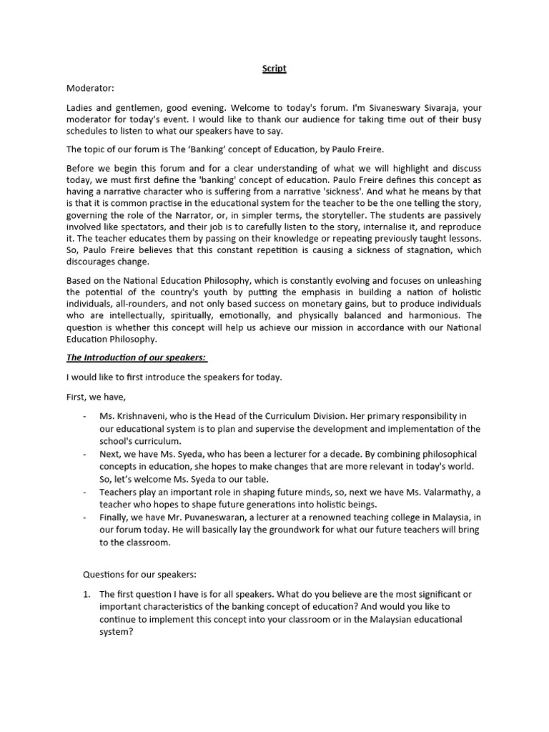 Script Forum The Banking Concept in Education | PDF | Philosophy Of ...