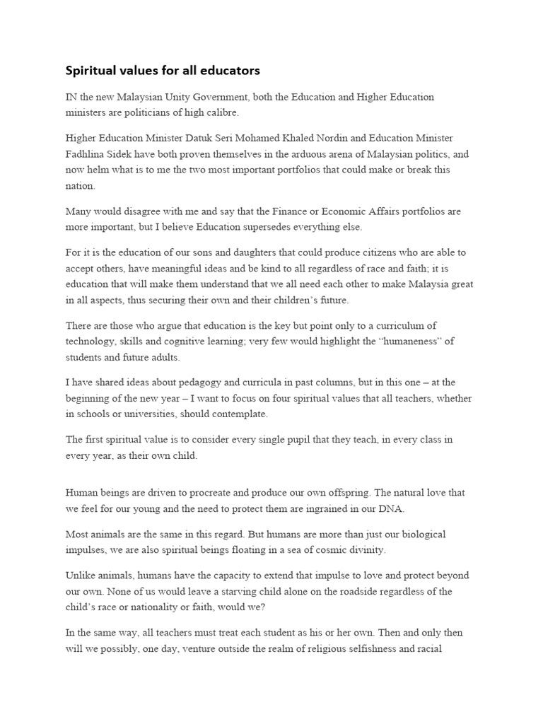 Spiritual Values For All Educators | PDF | Curriculum | Teachers