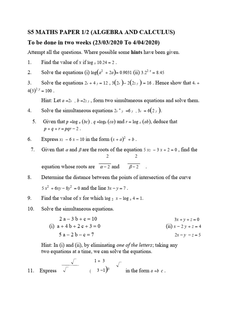 S5 Math Algebra and Calculus Notes | PDF | Equations | Algebra