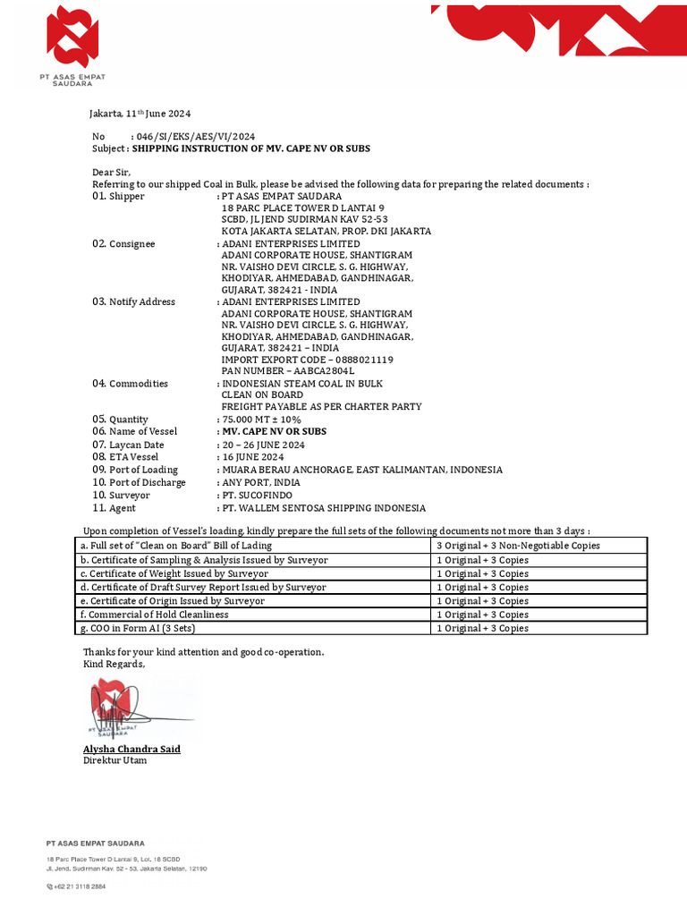 SI MV Cape NV (PT Asas Empat Saudara) | PDF | Supply Chain Management | Water Transport