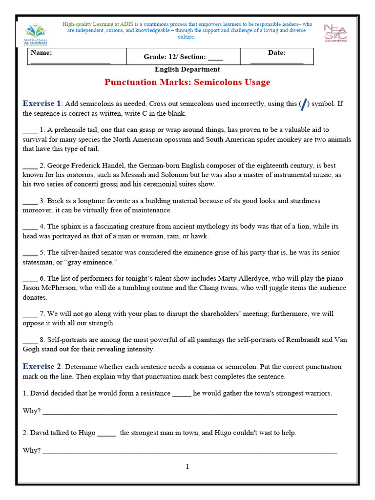 Semicolon Usage and Explanation Exercise | PDF