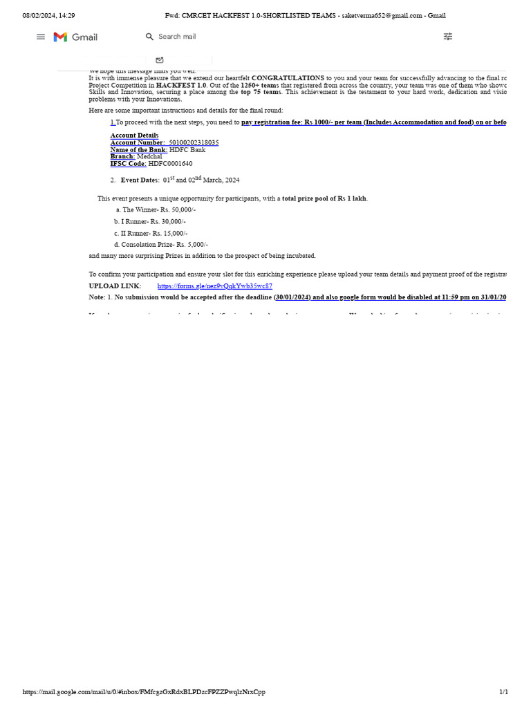 FWD - Cmrcet Hackfest 1.0-Shortlisted Teams - Saketverma652@Gmail - Com - Gmail | PDF | Payments