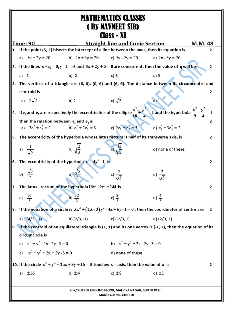 Class XI Math: Straight Line & Conic Section Quiz | PDF | Euclidean ...