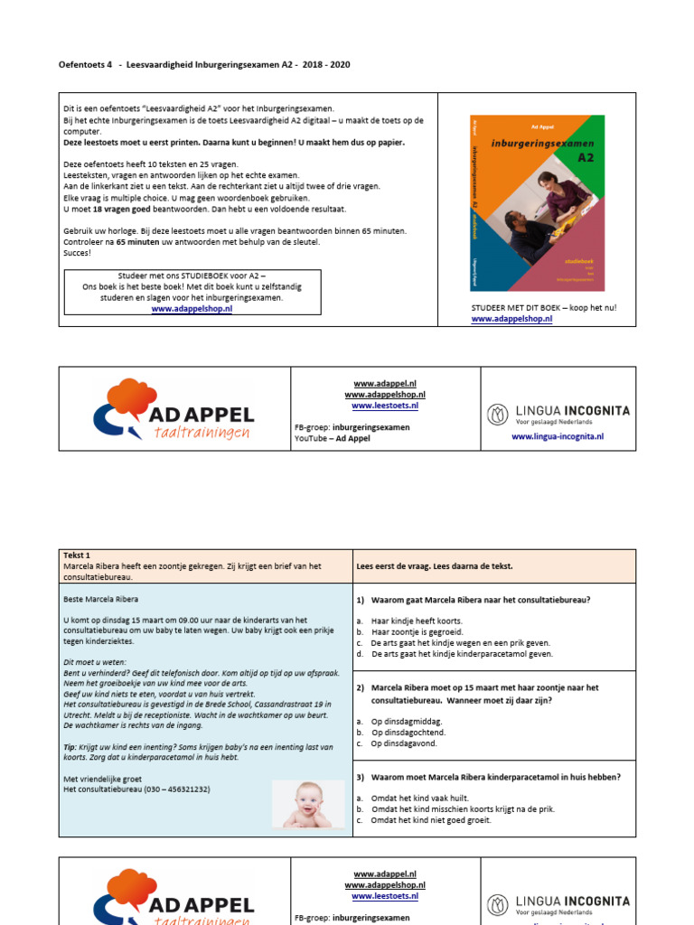 Oefentoets 4 - Leesvaardigheid A2 - 2018-2020 | PDF