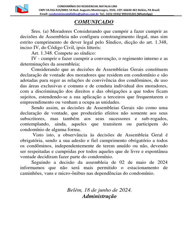 Comunicado de Estacionamento de Caminhões e Vans | PDF