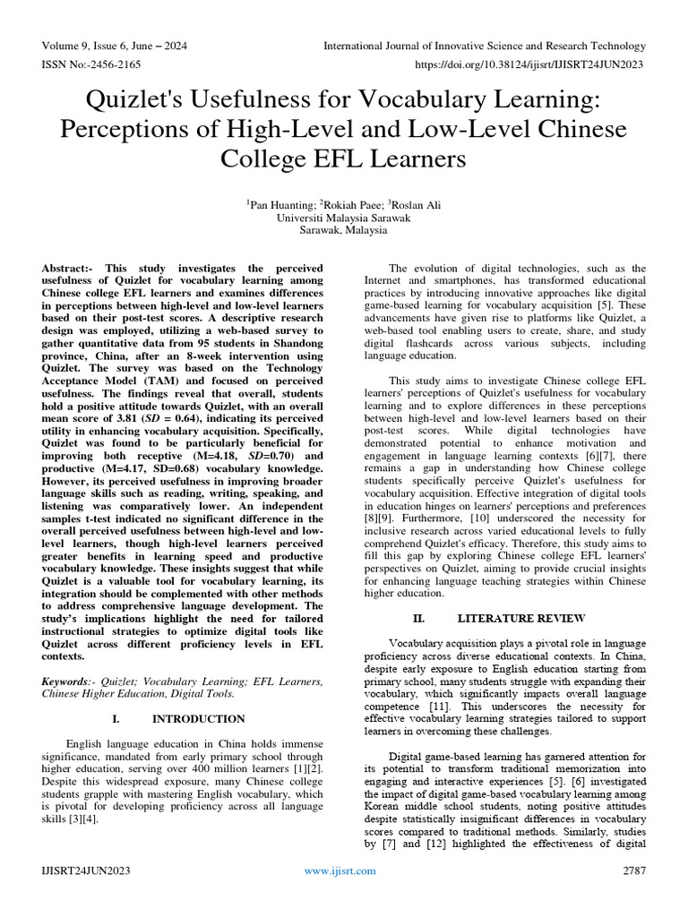 Quizlet's Usefulness For Vocabulary Learning: Perceptions of High-Level ...
