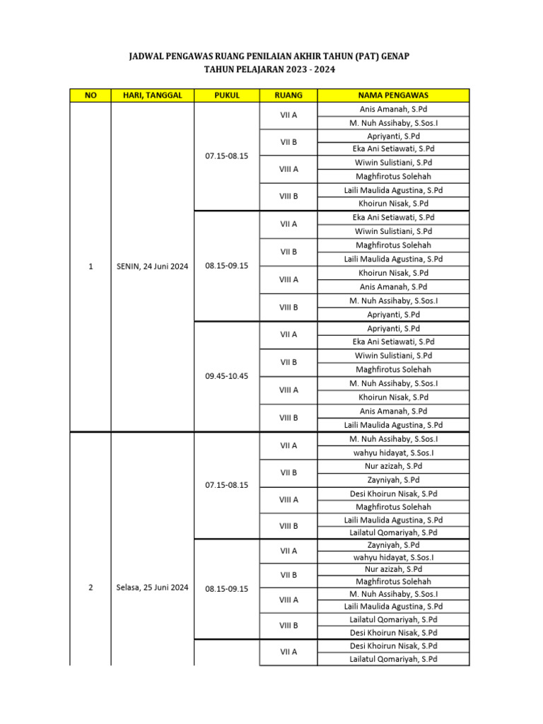 Jadwal Pengawas Pat 2023-2024 | PDF