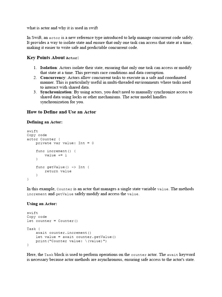 Swift Actor: Safe Concurrency Guide | PDF | Swift (Programming Language) | Concurrency (Computer ...