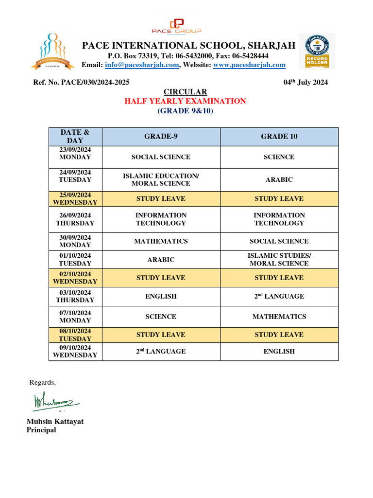Grade 9 & 10 Exam Schedule | PDF