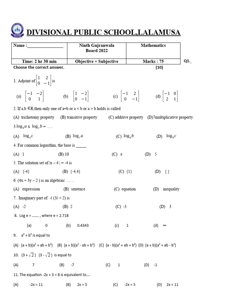 9 rose half book exam | PDF | Logarithm | Matrix (Mathematics)