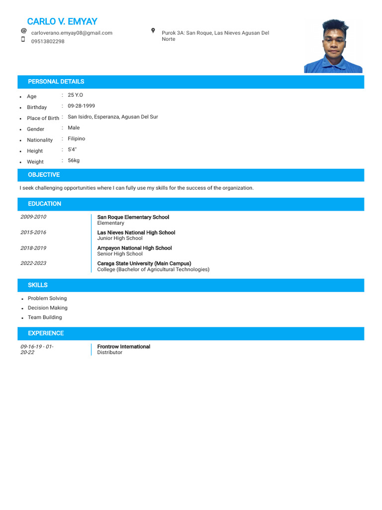 Carlo V. Emyay: CV & Skills Overview | PDF