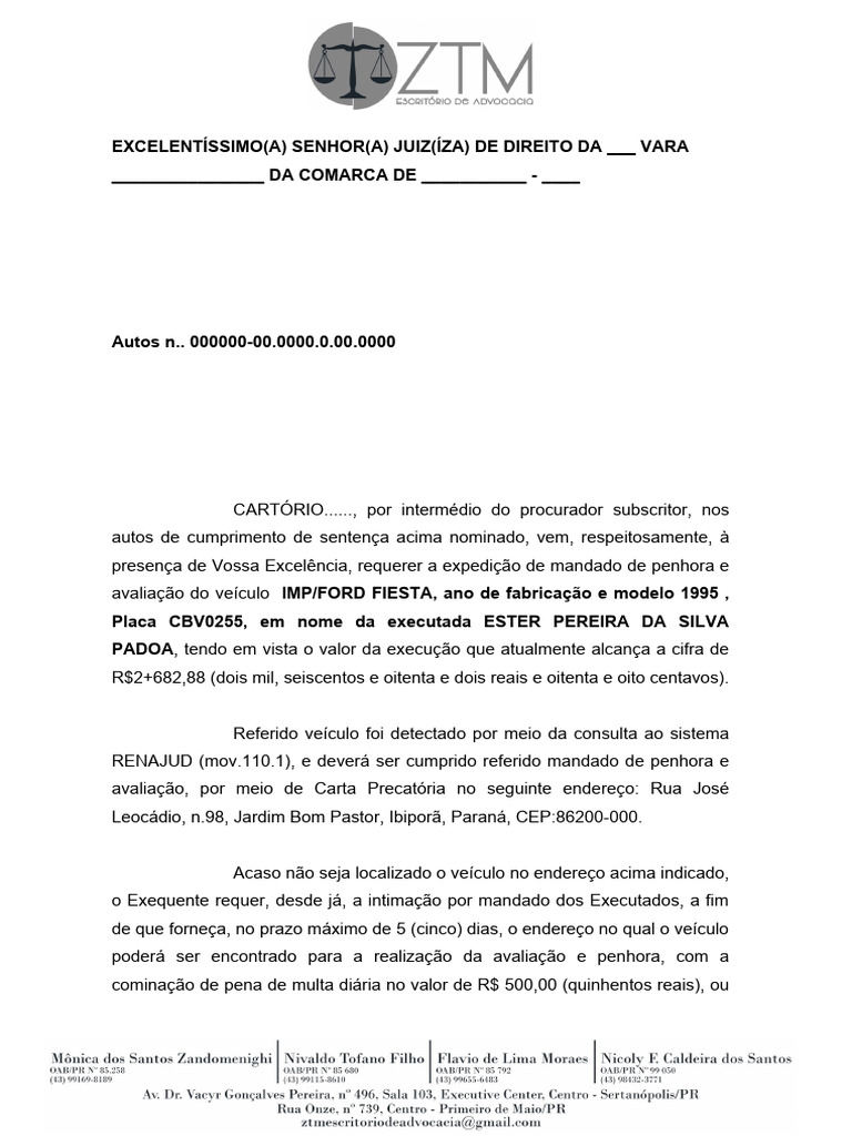 Modelo pedido de mandado e penhora pós Renajud | PDF