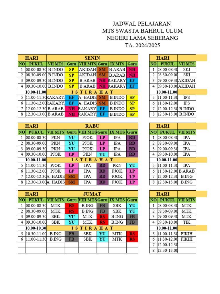 Jadwal Pelajaran MTS 2024/2025 | PDF