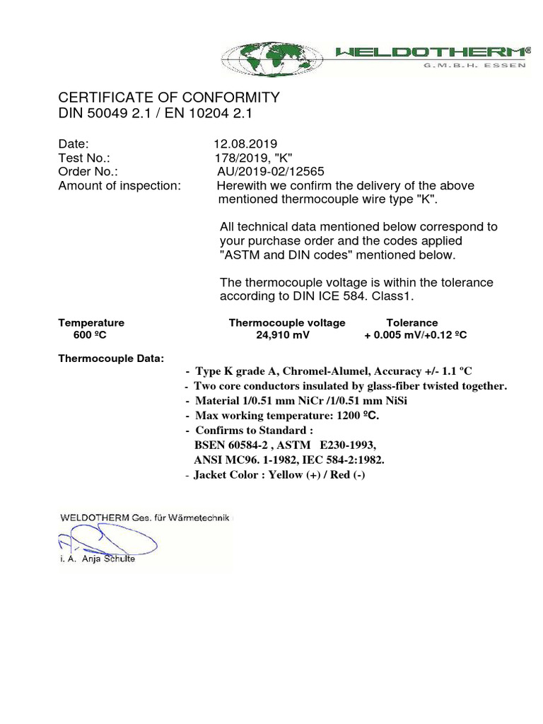 TC Wire Certificate From Weldotherm Yellow&Red | PDF | Science ...
