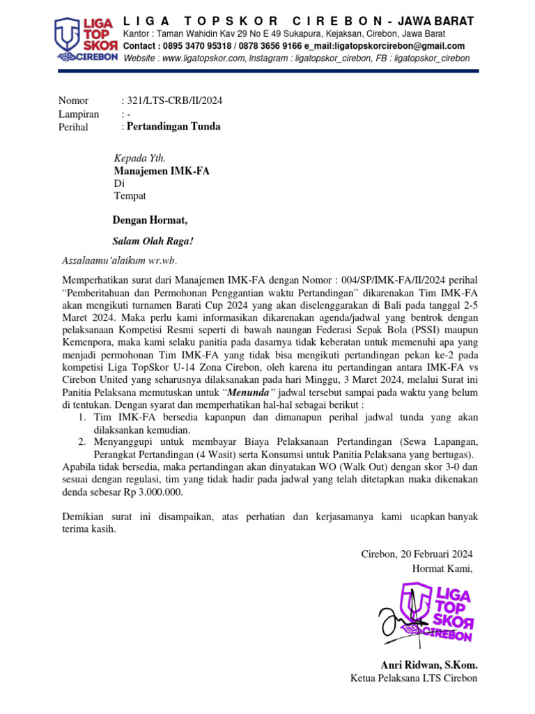 Contoh Surat Balasan Untuk Pertandingan Tunda | PDF