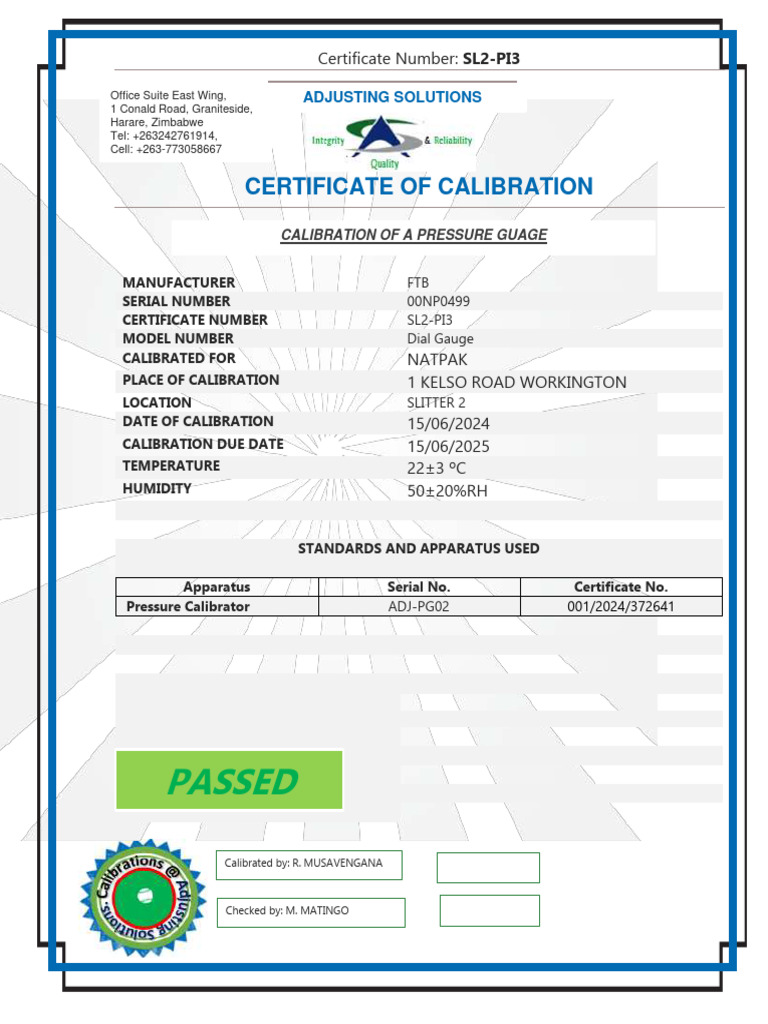 CERTIFICATE OF CALIBRATION FOR A Pressure Guage - SL2-PI3 PASS | PDF ...
