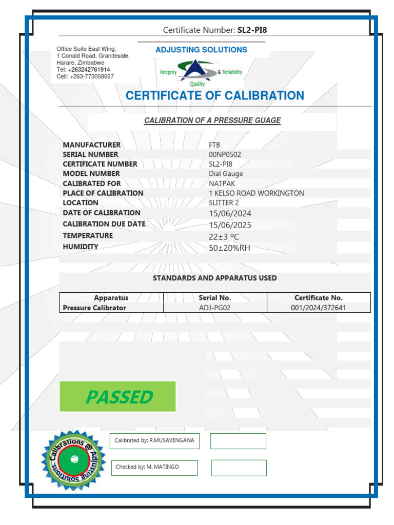 CERTIFICATE OF CALIBRATION FOR A Pressure Guage - SL2-PI8 PASS | PDF ...