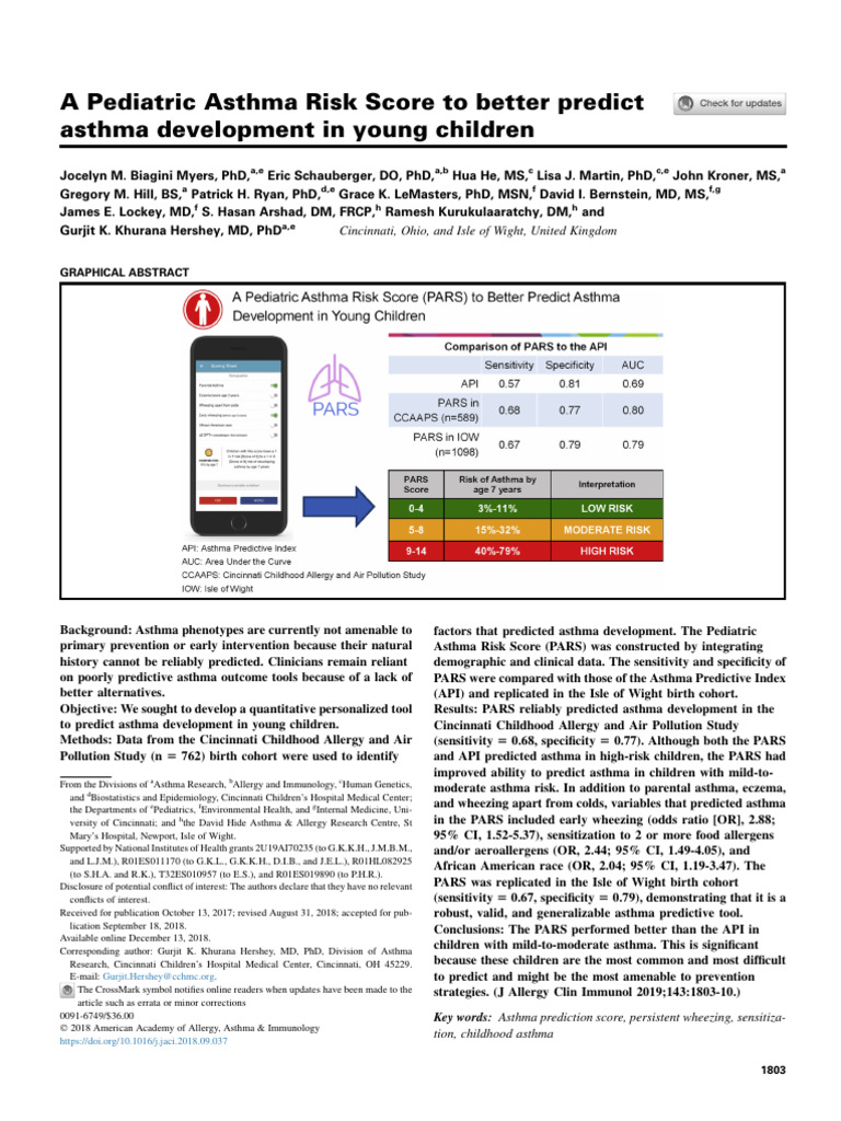Pediatric Asthma Risk Score | PDF | Allergy | Receiver Operating ...