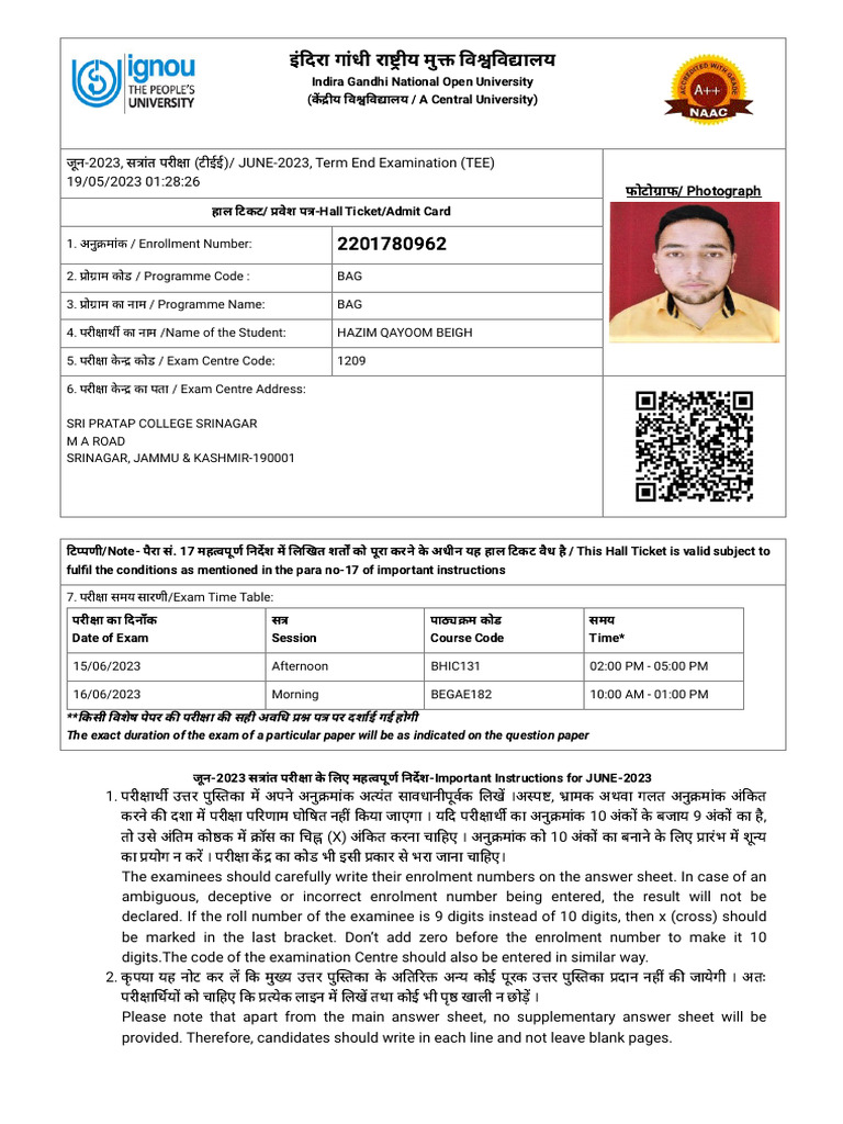 Ignou June-2023_ Hall Ticket_admit Card | PDF
