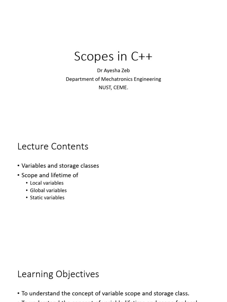 Lecture-10 Scopes in C++ | PDF | Scope (Computer Science) | Variable (Computer Science)