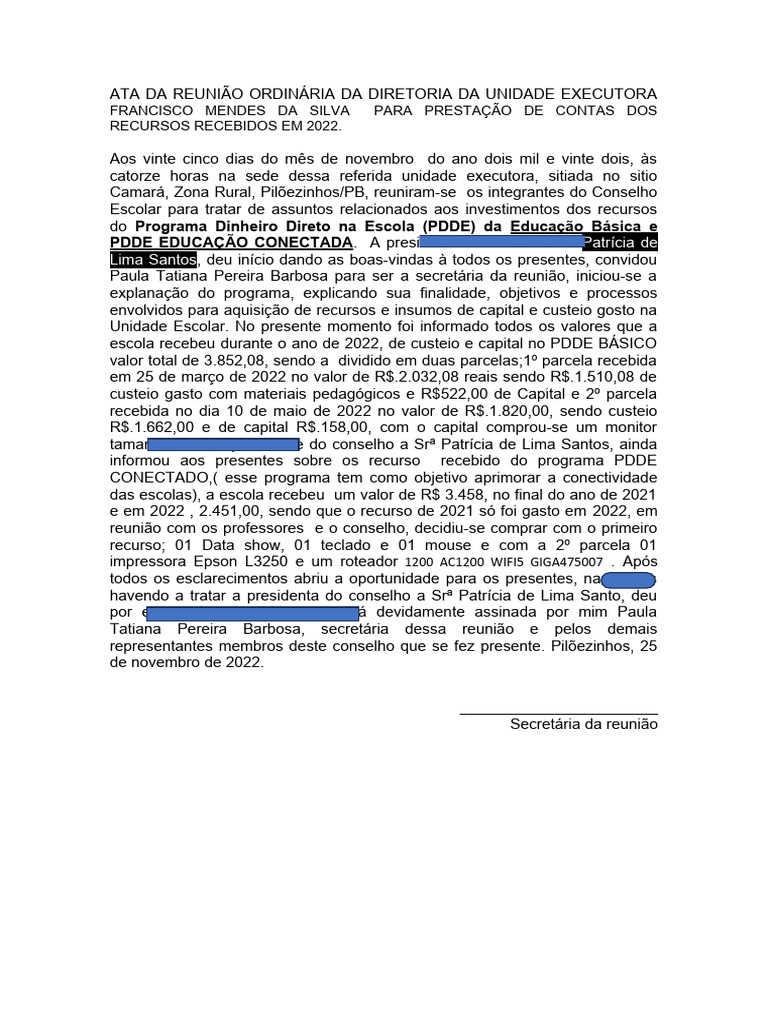 Ata Da Reuni - o Ordin - Ria Da Diretoria Da Unidade Executora | PDF | Carreira e Crescimento ...