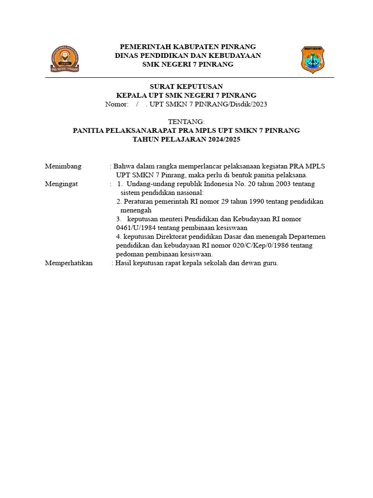 SK Panitia PRA MPLS T.A 2024 - 2025 Vyy | PDF