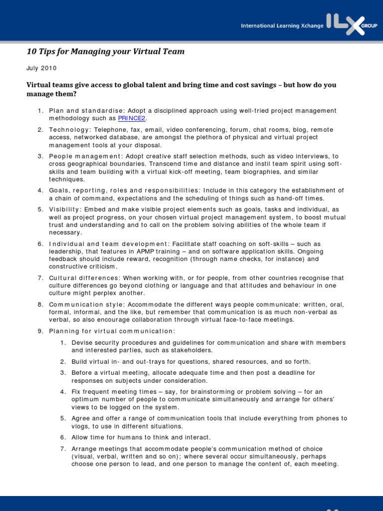 10 Tips Manage Virtual Team Pdf Project Management Human