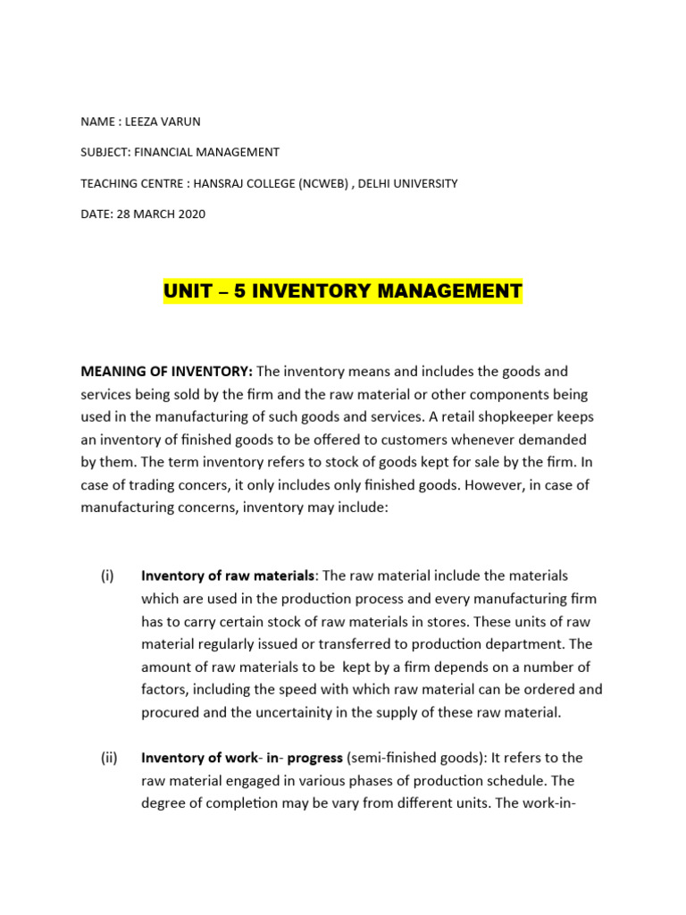 UNIT 5 Inventory Management1 | PDF | Inventory | Goods