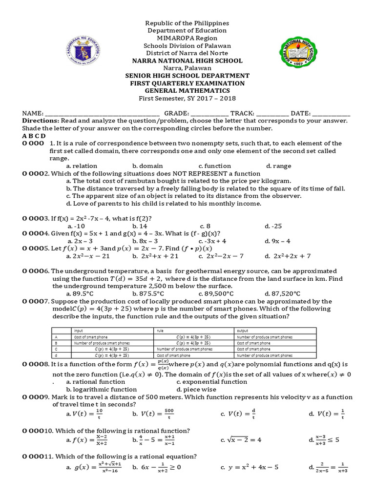 First Periodical Test Gen Math Final | PDF | Function (Mathematics ...
