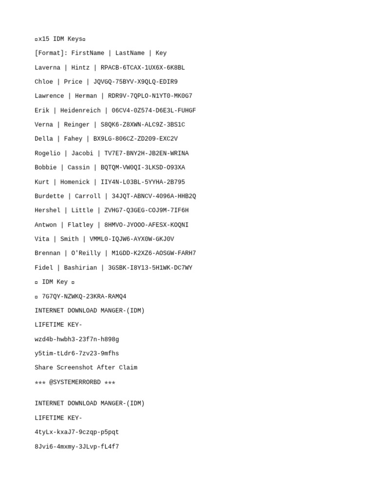 IDM Lifetime Keys List and Instructions | PDF