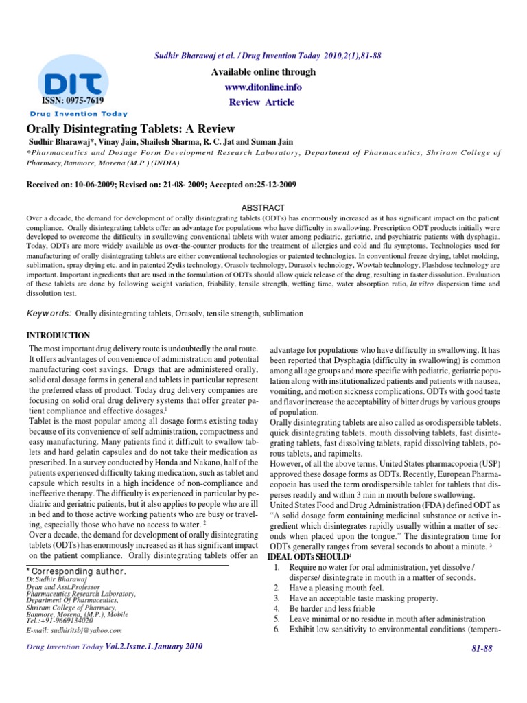 ODT | PDF | Tablet (Pharmacy) | Pharmaceutical Formulation