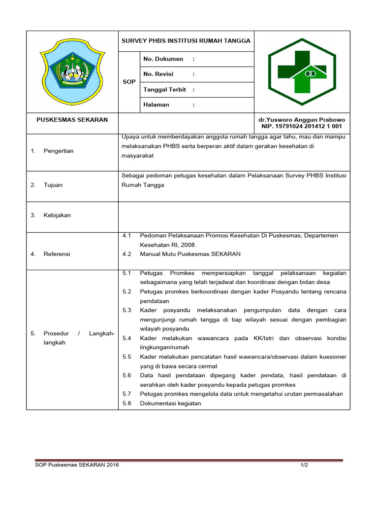 SOP Survey PHBS Institusi Rumah Tangga | PDF
