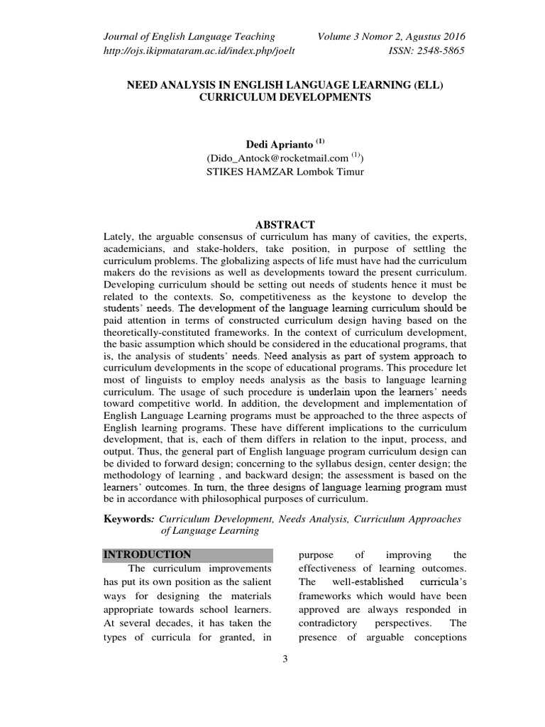 Need Analysis in English Language Learni-3 | PDF | Curriculum | Learning