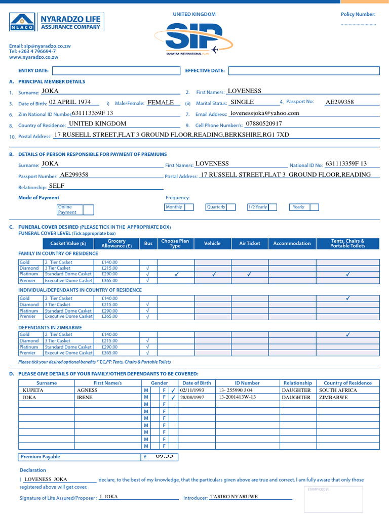 SIP UK Form Editable Funeral Policy | PDF