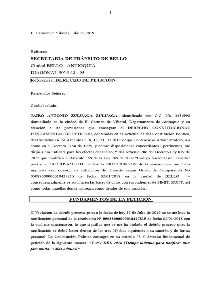 Derecho de Petición A Foto Multa | PDF | Gobierno | Justicia