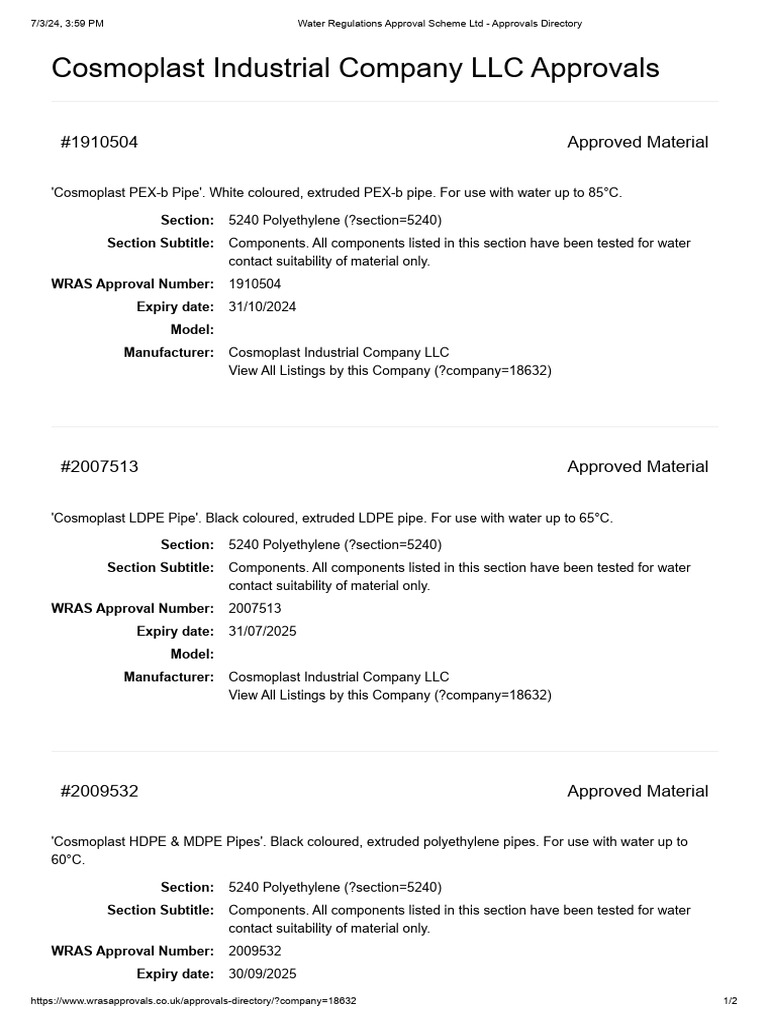 Water Regulations Approval Scheme LTD - Approvals Directory | PDF | Pipe (Fluid Conveyance ...