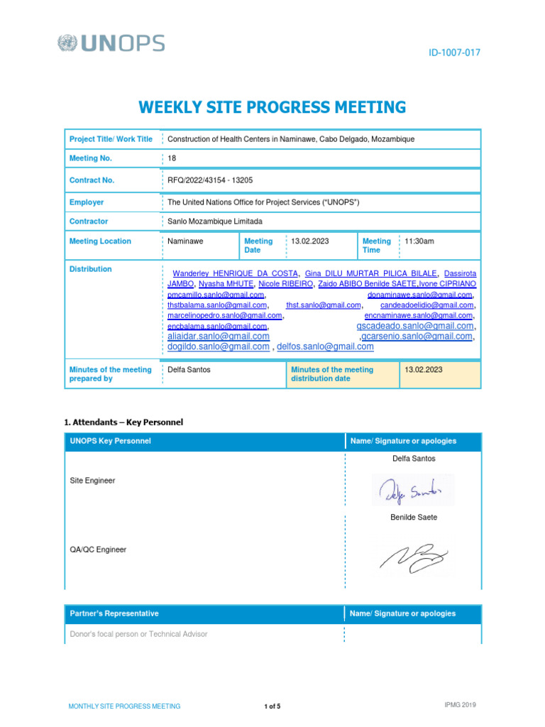 Weekly Progress Meeting Minutes - Health Centers Mozambique | PDF ...