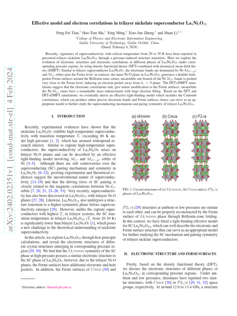 Effective Model and Electron Correlations in Trilayer Nickelate Superconductor La4Ni3O10 | PDF ...