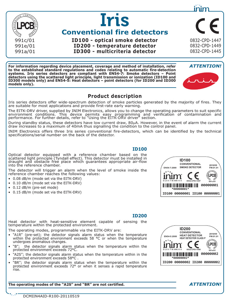 Inim Id100 200 300 Installation Manual | PDF | Smoke | Fires