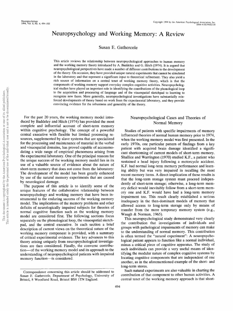 Gathercole 1994 Working Memory | PDF | Memory | Working Memory