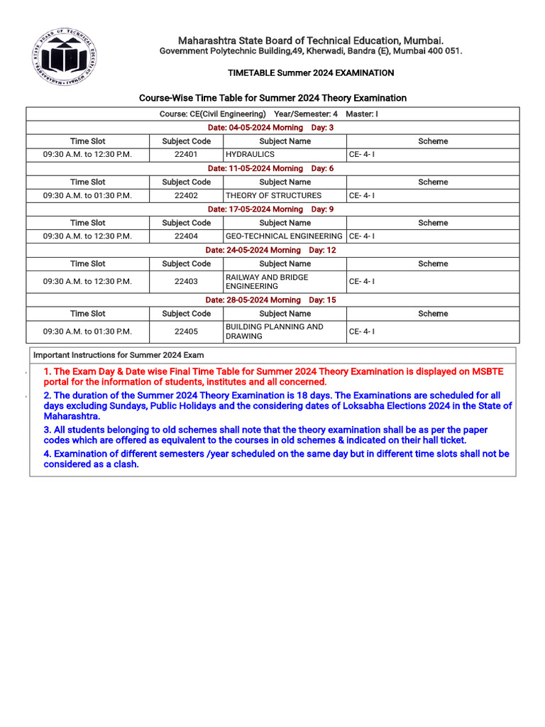 Time Table For Summer 2024 Theory Examination | PDF | Academic Term ...