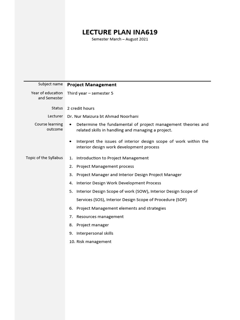 Lecture Plan Ina619 | PDF | Project Management | Design