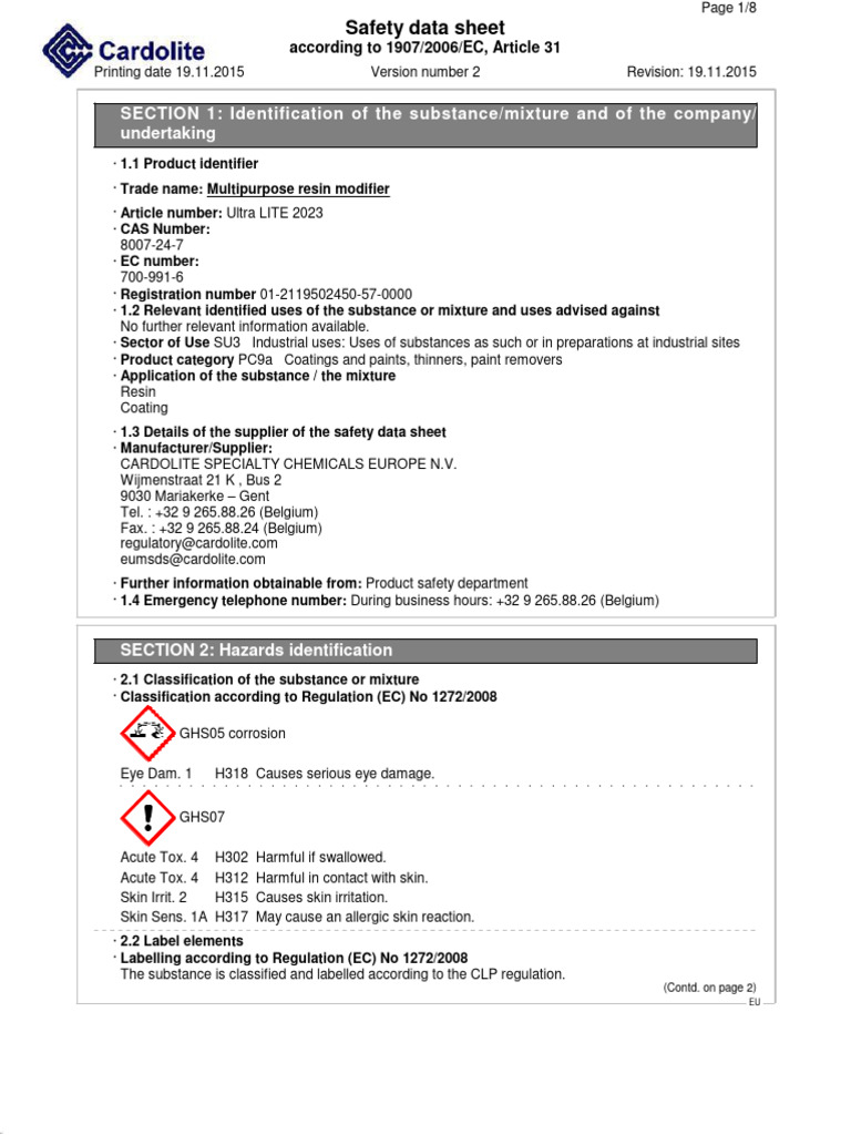 SDS for Multipurpose Resin Modifier | PDF | Toxicity | Dangerous Goods