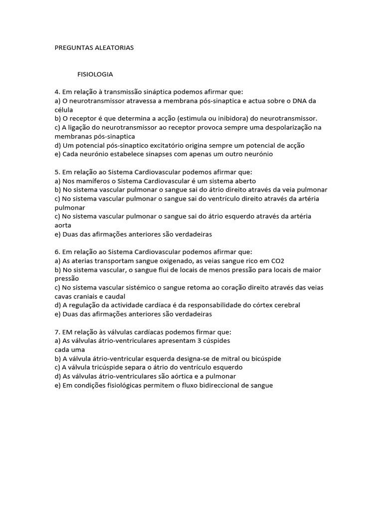 PREGUNTAS ALEATORIAS Fisiologia | PDF | Sistema respiratório | Sistema circulatório