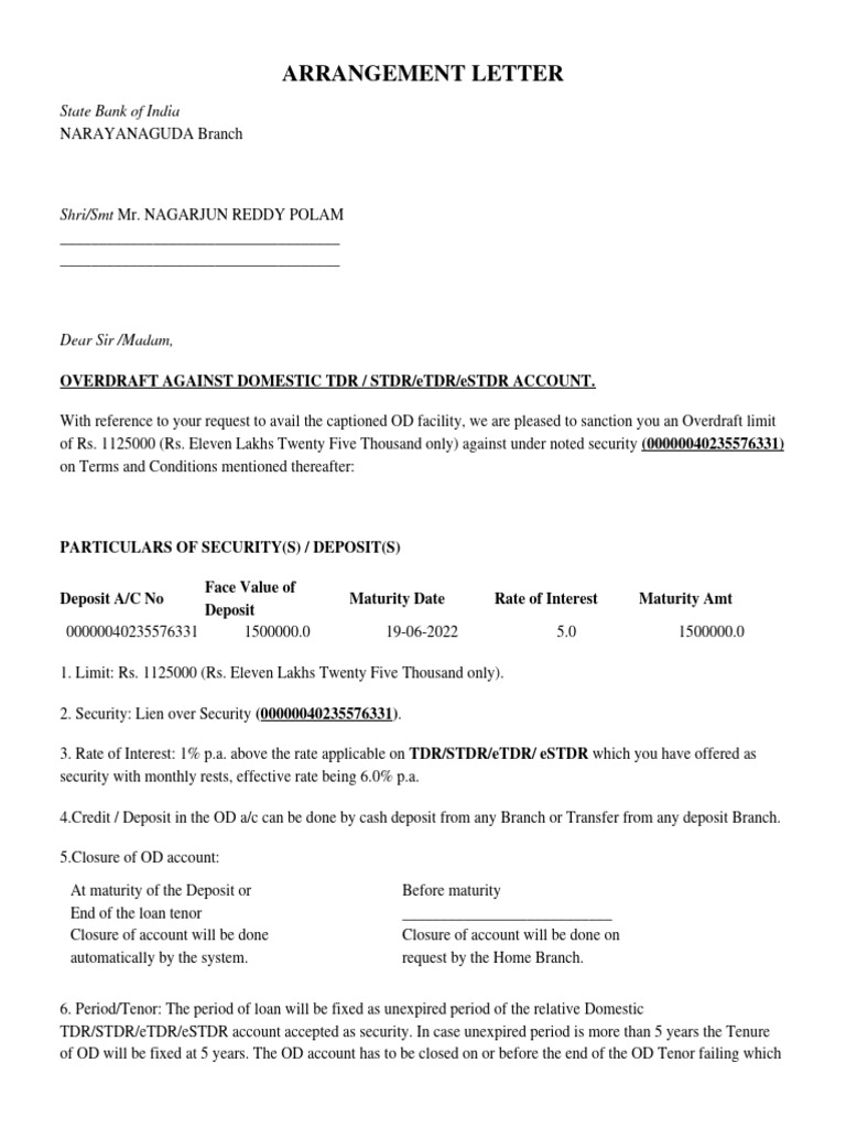 Overdraft Facility Arrangement Letter | PDF | Banks | Overdraft