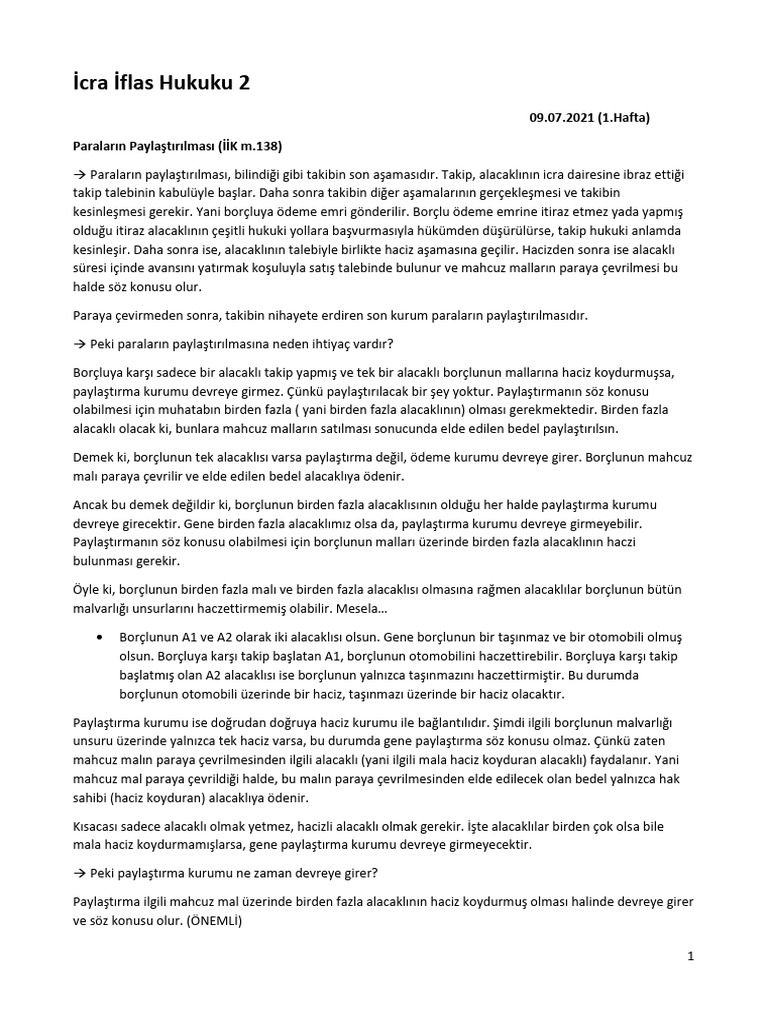 İcra İflas Hukuku - 2 Ses Kaydı Notları İLK 5 HAFTA | PDF